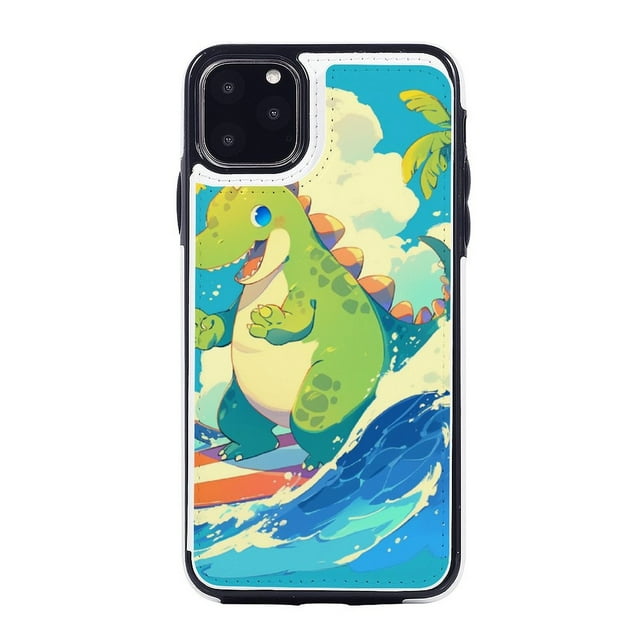 Cartoon Dinosaur Surfing Leather Wallet Case for iPhone 16 15 14 13 12 11 Pro Max Wallet Case ...