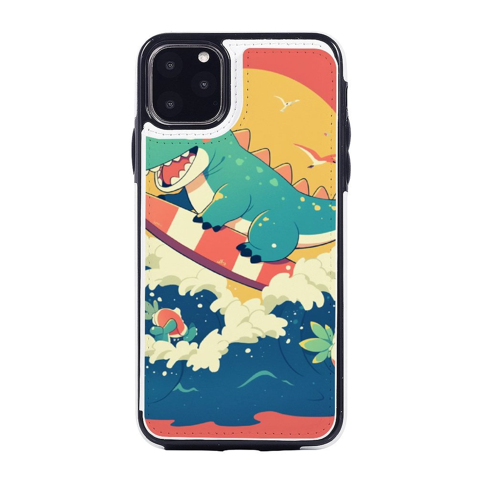 Cartoon Dinosaur Surfing Leather Wallet Case for iPhone 16 15 14 13 12 ...