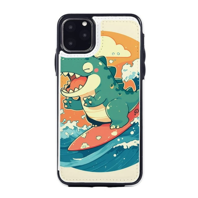 Cartoon Dinosaur Surfing Leather Wallet Case for iPhone 16 15 14 13 12 ...