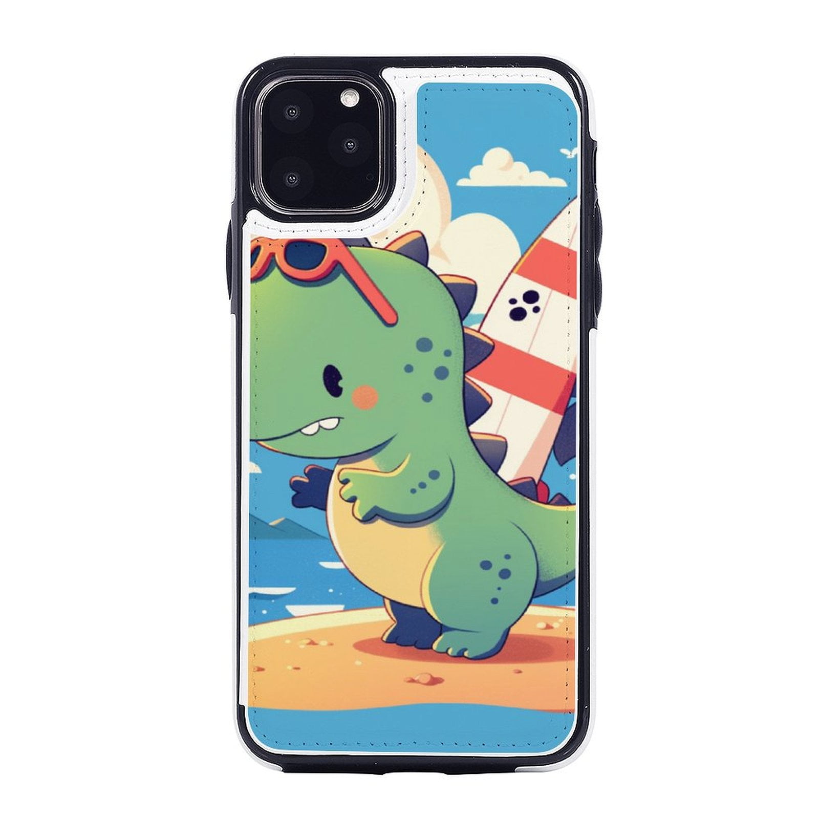 Cartoon Dinosaur Surfing Leather Wallet Case for iPhone 16 15 14 13 12 11 Pro Max Wallet Case ...