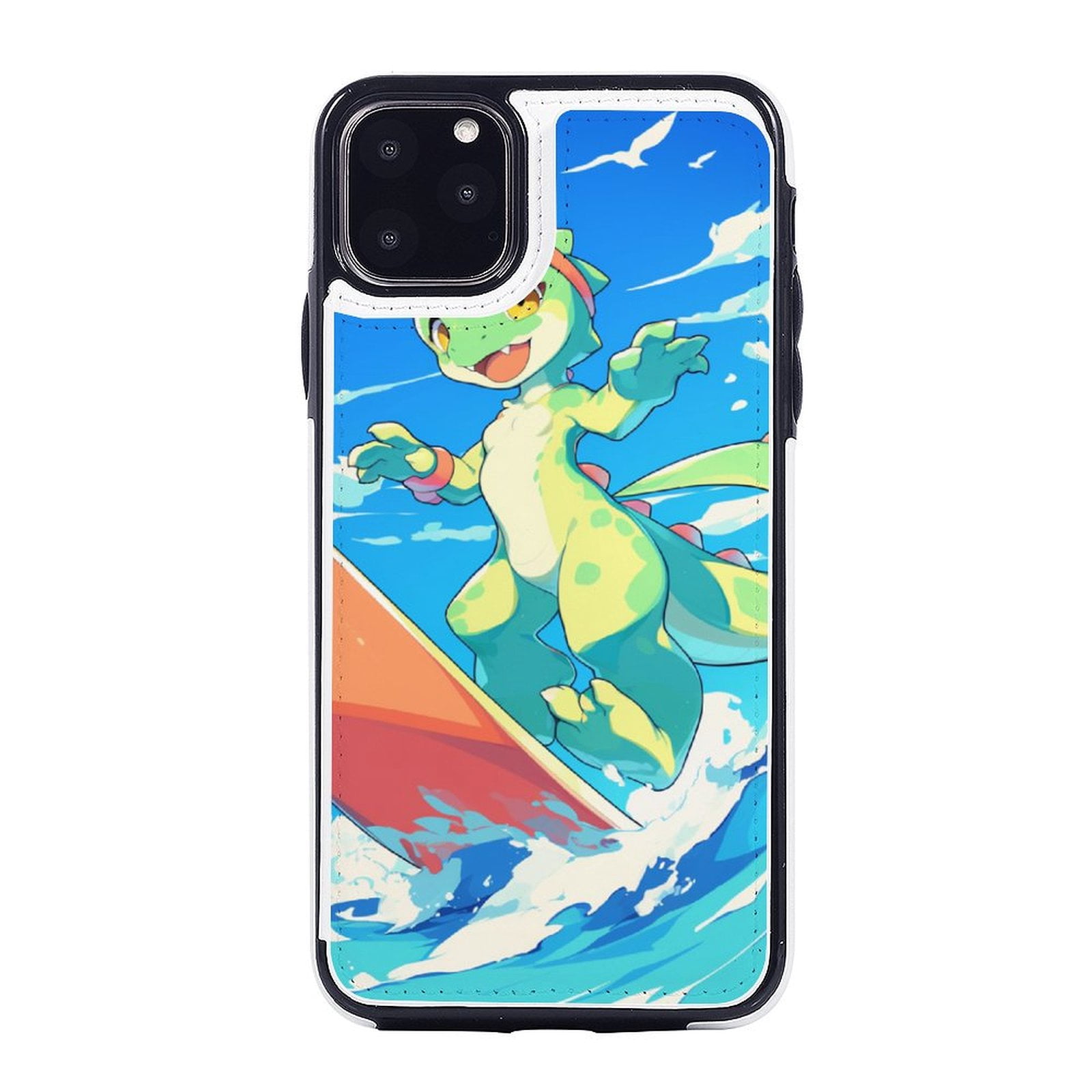 Cartoon Dinosaur Surfing Leather Wallet Case for iPhone 16 15 14 13 12 ...