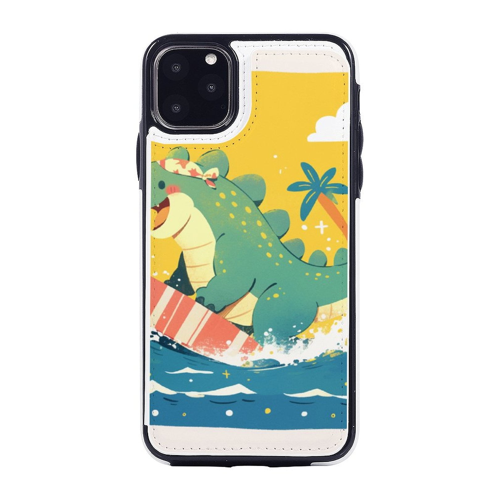 Cartoon Dinosaur Surfing Leather Wallet Case for iPhone 16 15 14 13 12 ...