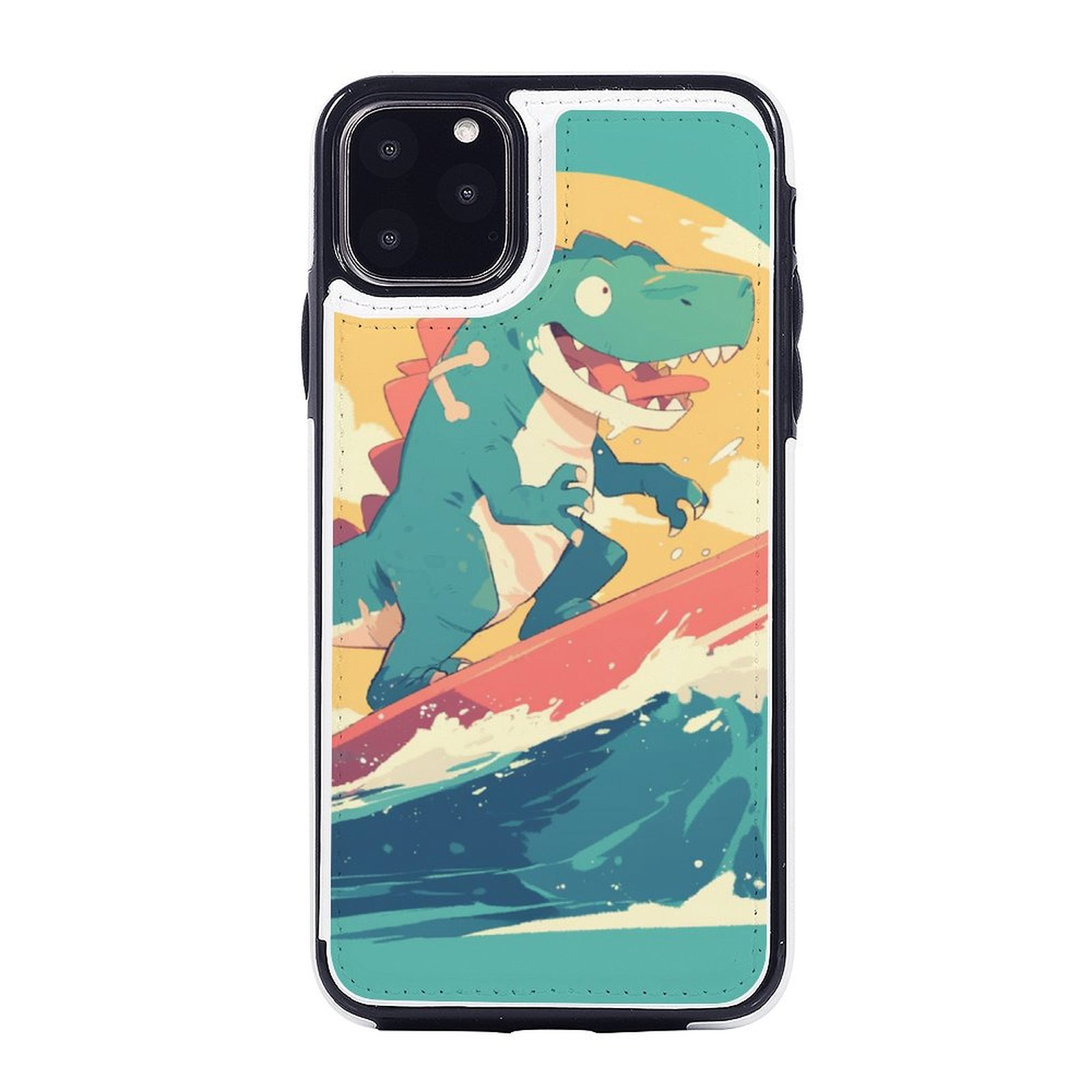Cartoon Dinosaur Surfing Leather Wallet Case for iPhone 16 15 14 13 12 ...