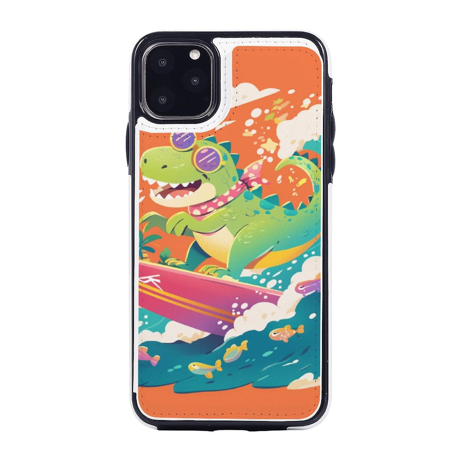 Cartoon Dinosaur Surfing Leather Wallet Case for iPhone 16 15 14 13 12 ...