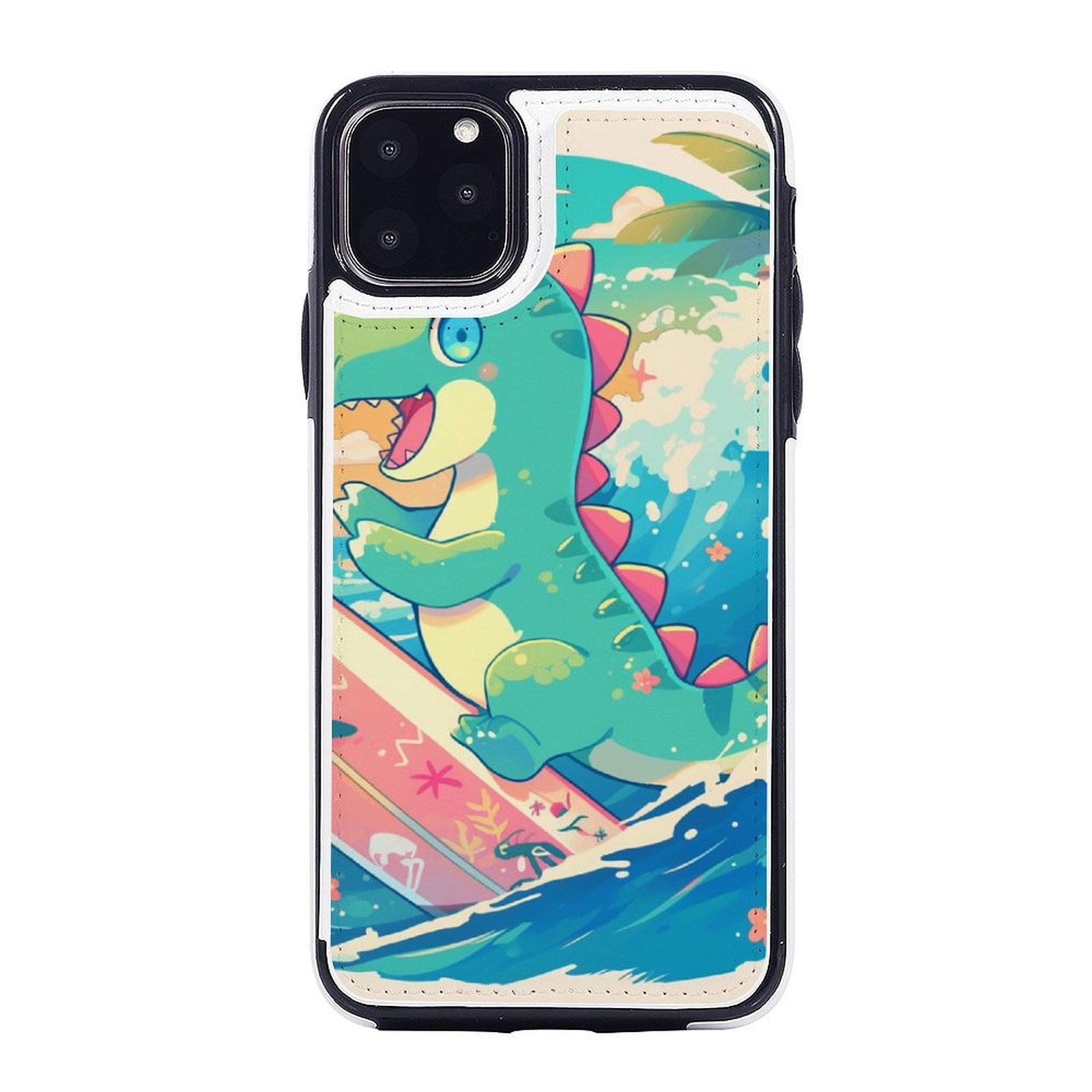 Cartoon Dinosaur Surfing Leather Wallet Case for iPhone 16 15 14 13 12 11 Pro Max Wallet Case ...