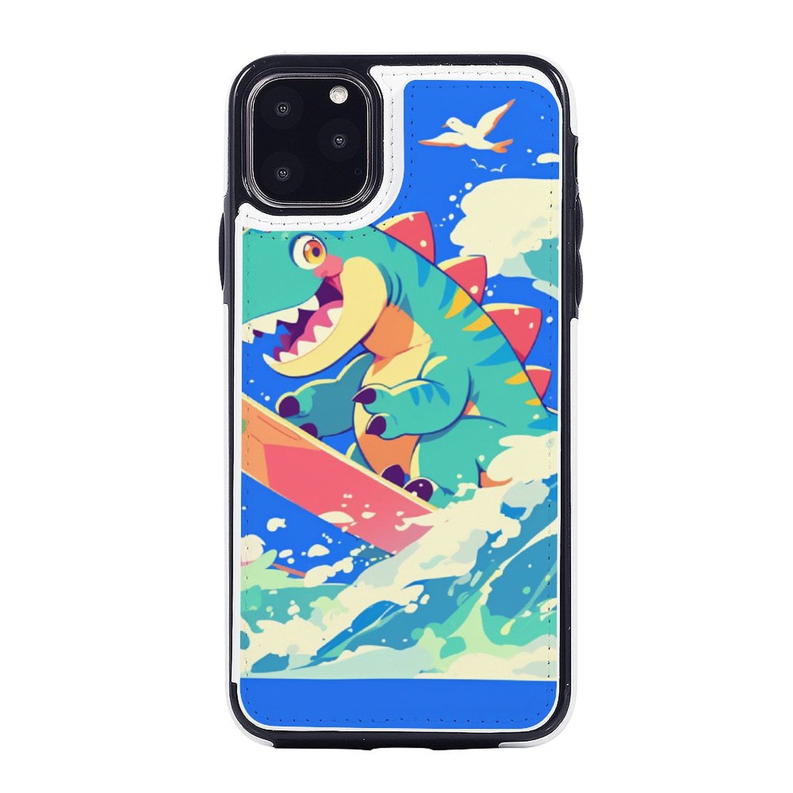 Cartoon Dinosaur Surfing Leather Wallet Case for iPhone 16 15 14 13 12 11 Pro Max Wallet Case ...