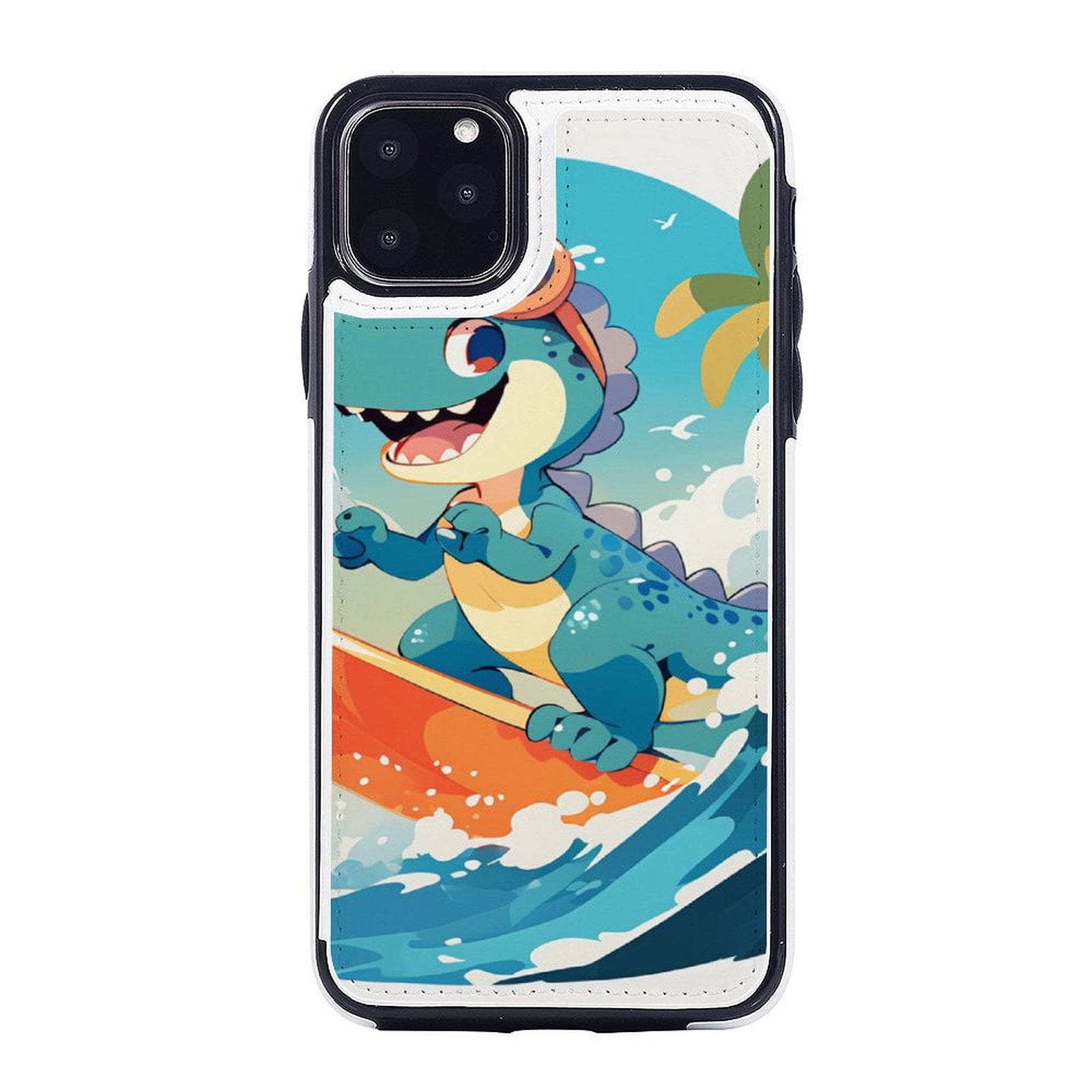 Cartoon Dinosaur Surfing Leather Wallet Case for iPhone 16 15 14 13 12 ...