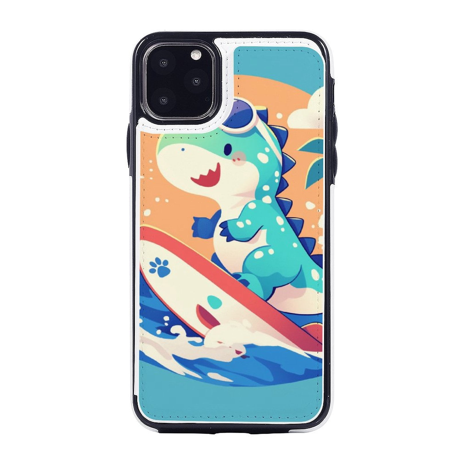 Cartoon Dinosaur Surfing Leather Wallet Case for iPhone 16 15 14 13 12 ...