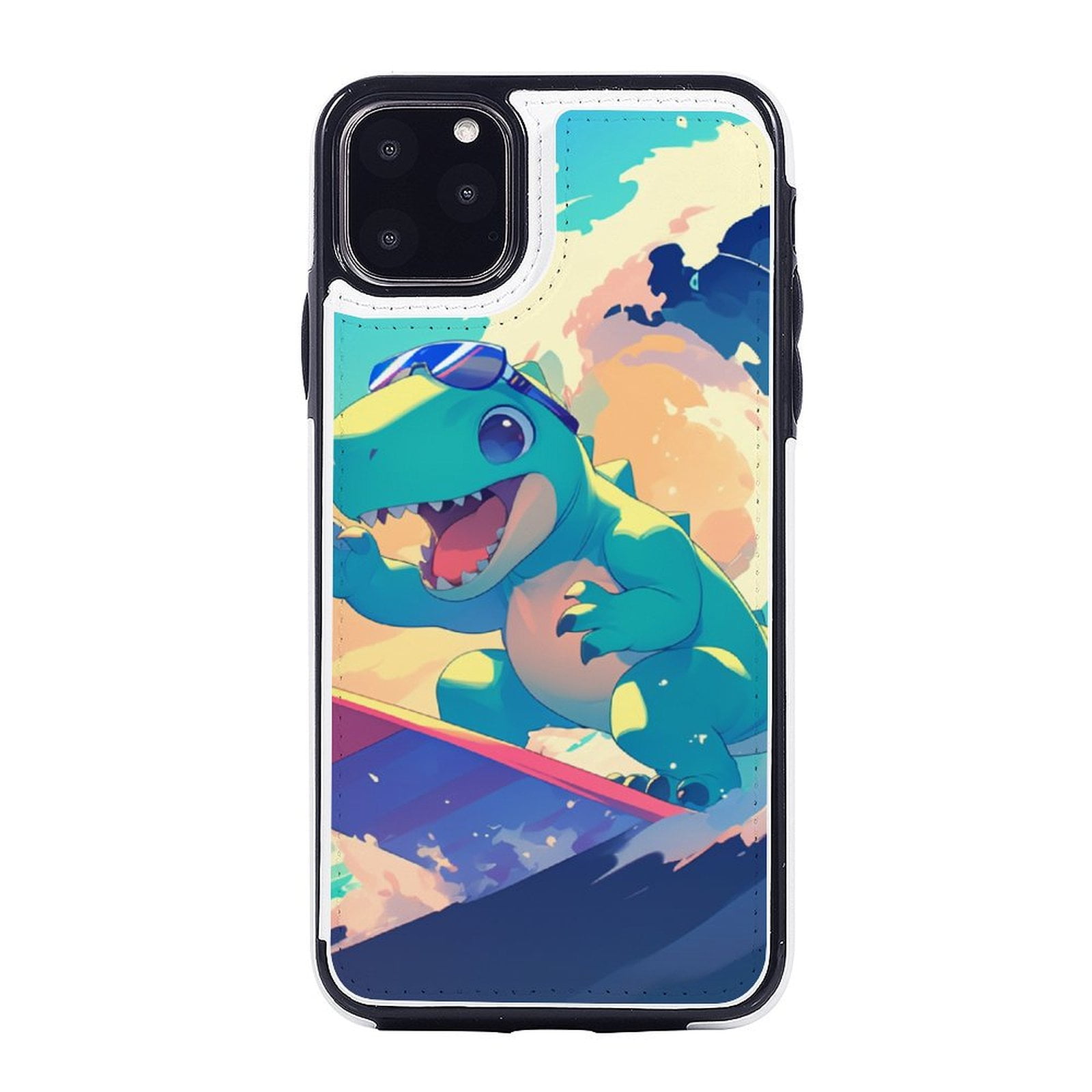 Cartoon Dinosaur Surfing Leather Wallet Case for iPhone 16 15 14 13 12 ...