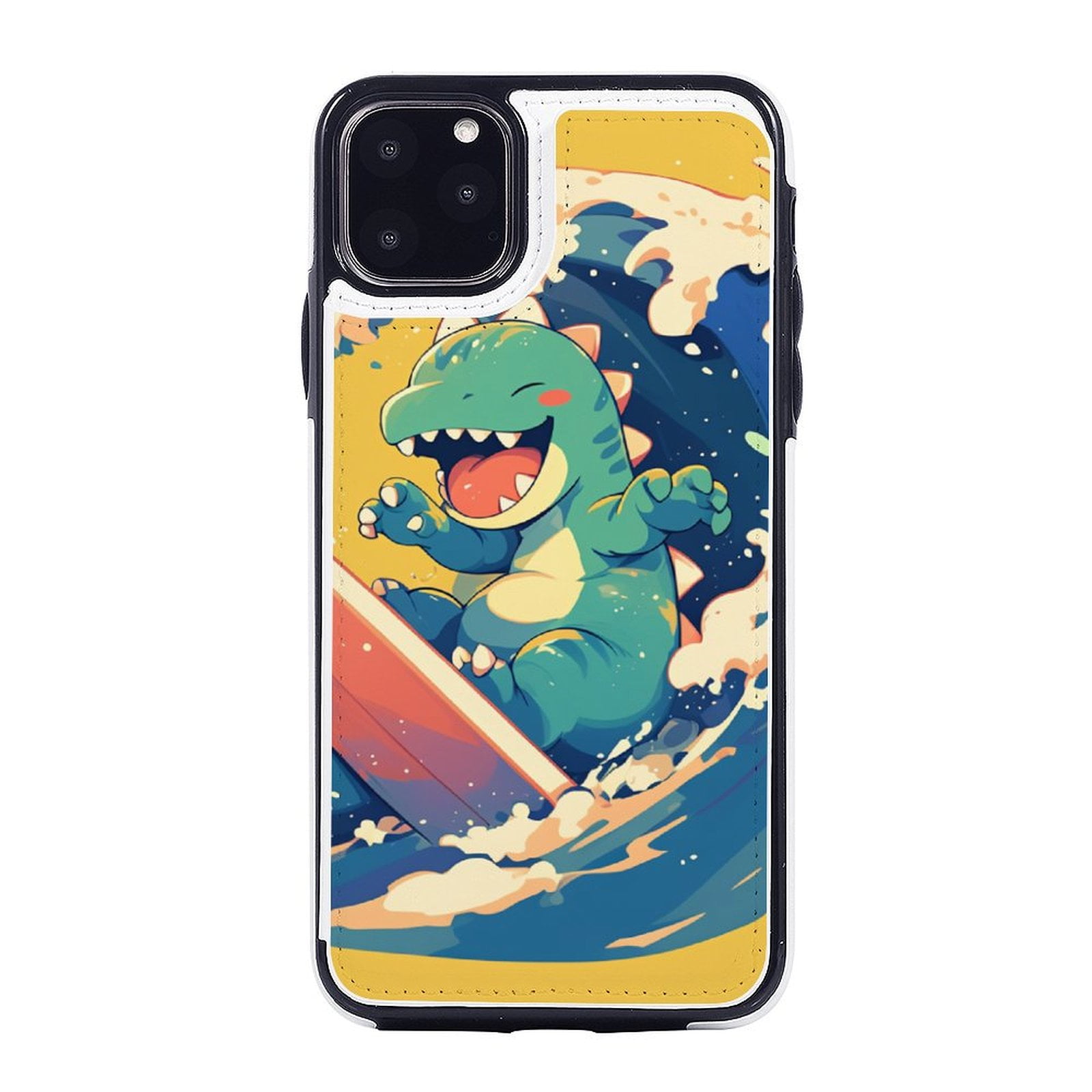 Cartoon Dinosaur Surfing Leather Wallet Case for iPhone 16 15 14 13 12 ...