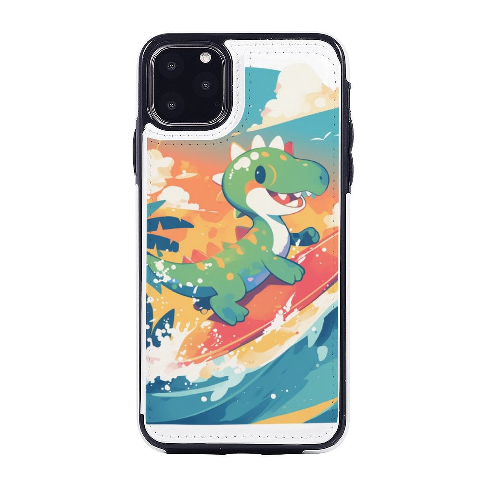 Cartoon Dinosaur Surfing Leather Wallet Case for iPhone 16 15 14 13 12 ...