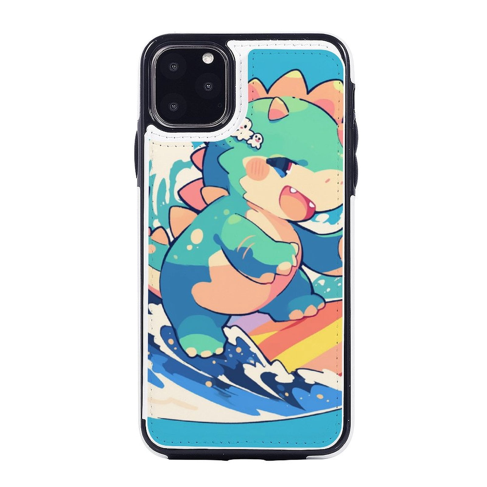 Cartoon Dinosaur Surfing Leather Wallet Case for iPhone 16 15 14 13 12 ...