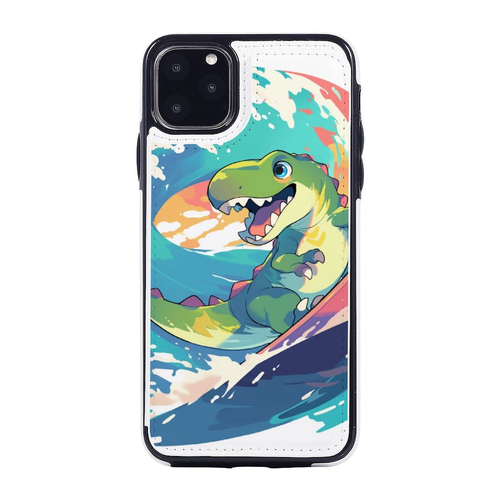 Cartoon Dinosaur Surfing Leather Wallet Case for iPhone 16 15 14 13 12 ...