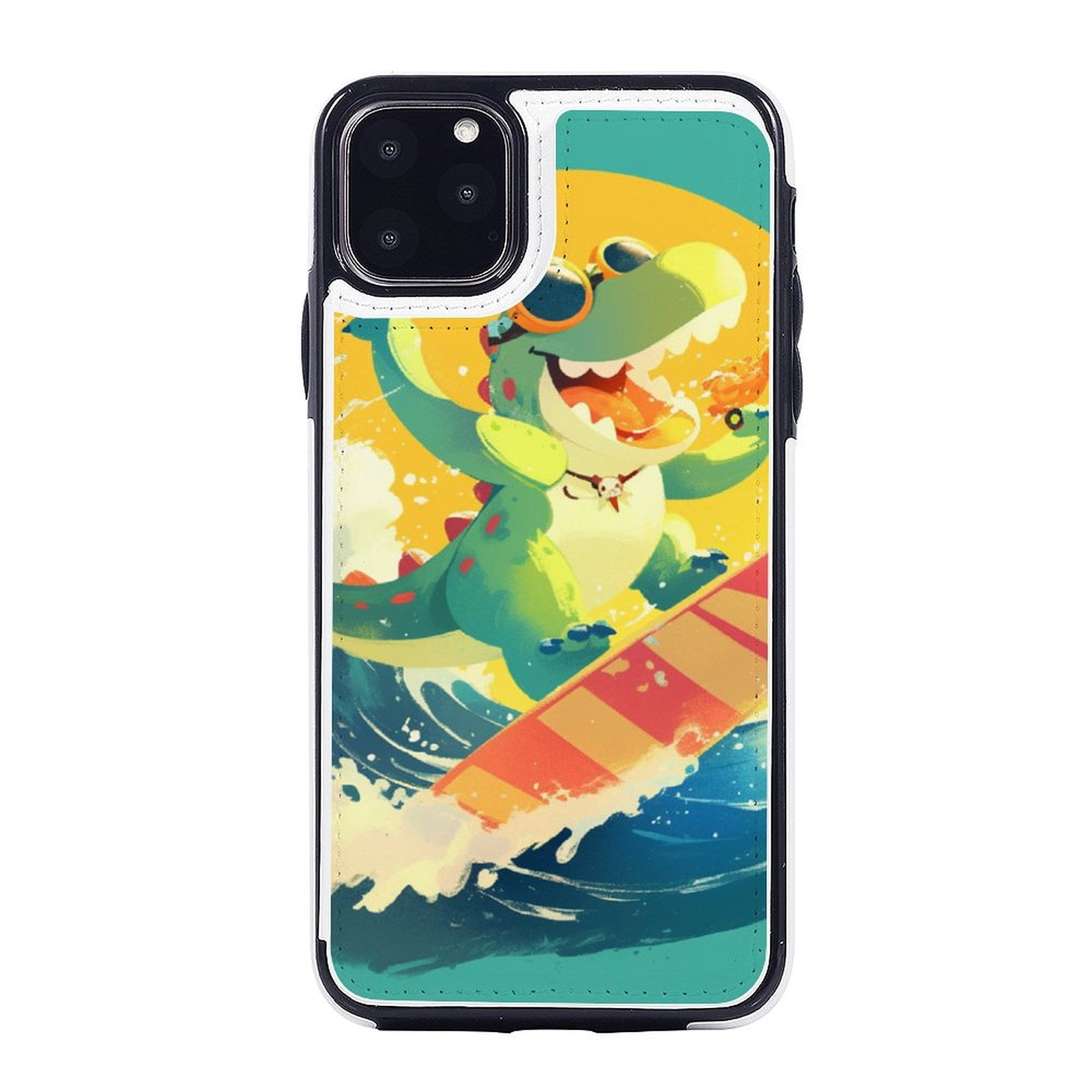 Cartoon Dinosaur Surfing Leather Wallet Case for iPhone 16 15 14 13 12 ...