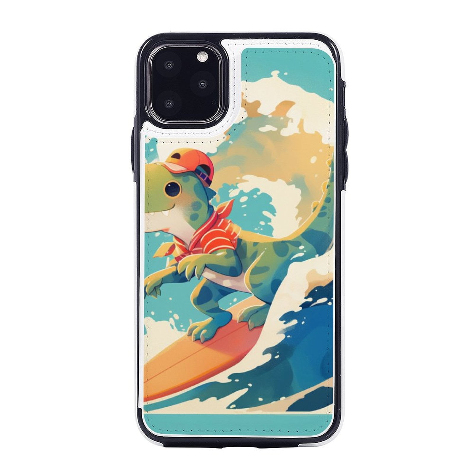 Cartoon Dinosaur Surfing Leather Wallet Case for iPhone 16 15 14 13 12 ...