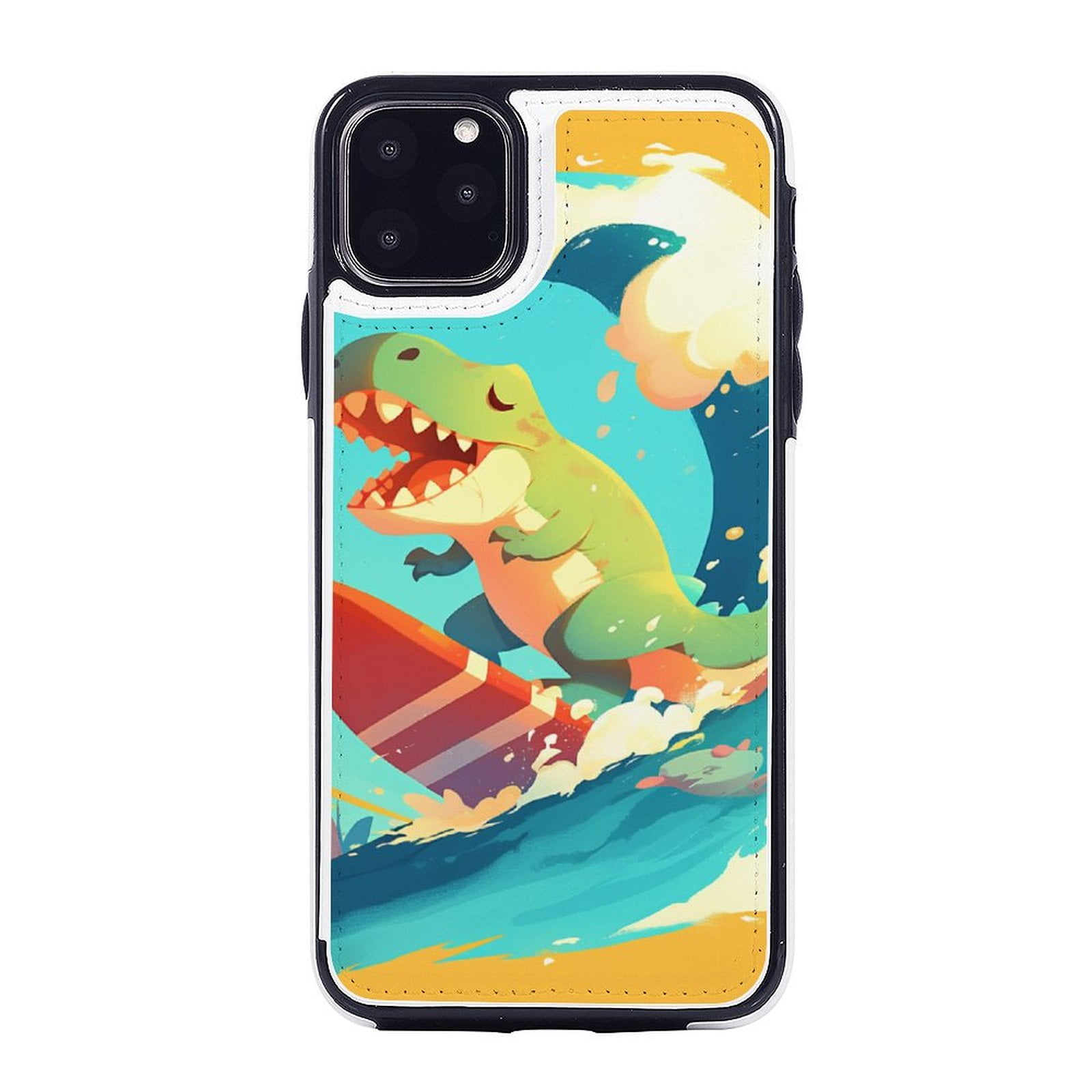 Cartoon Dinosaur Surfing Leather Wallet Case for iPhone 16 15 14 13 12 11 Pro Max Wallet Case ...