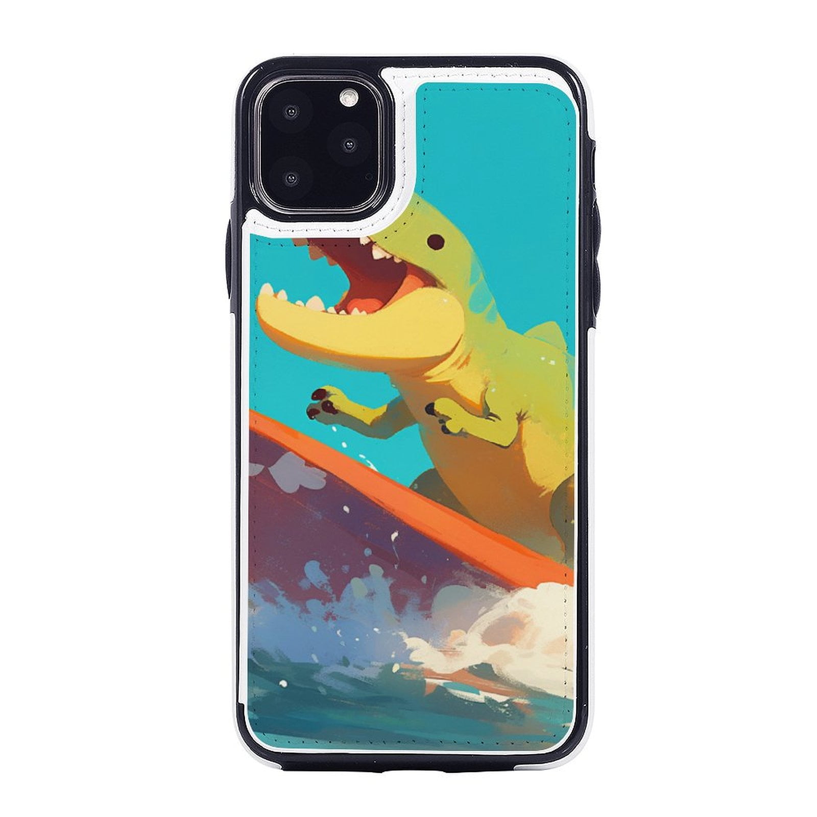 Cartoon Dinosaur Surfing Leather Wallet Case for iPhone 16 15 14 13 12 ...