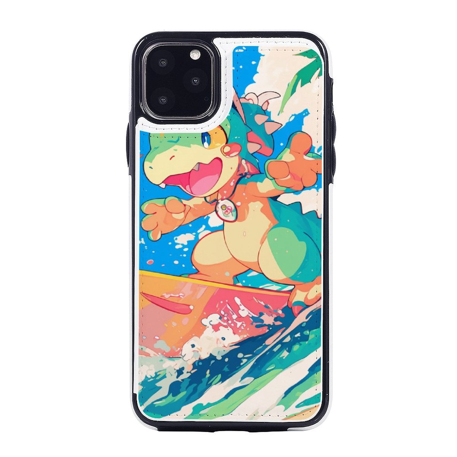Cartoon Dinosaur Surfing Leather Wallet Case for iPhone 16 15 14 13 12 ...