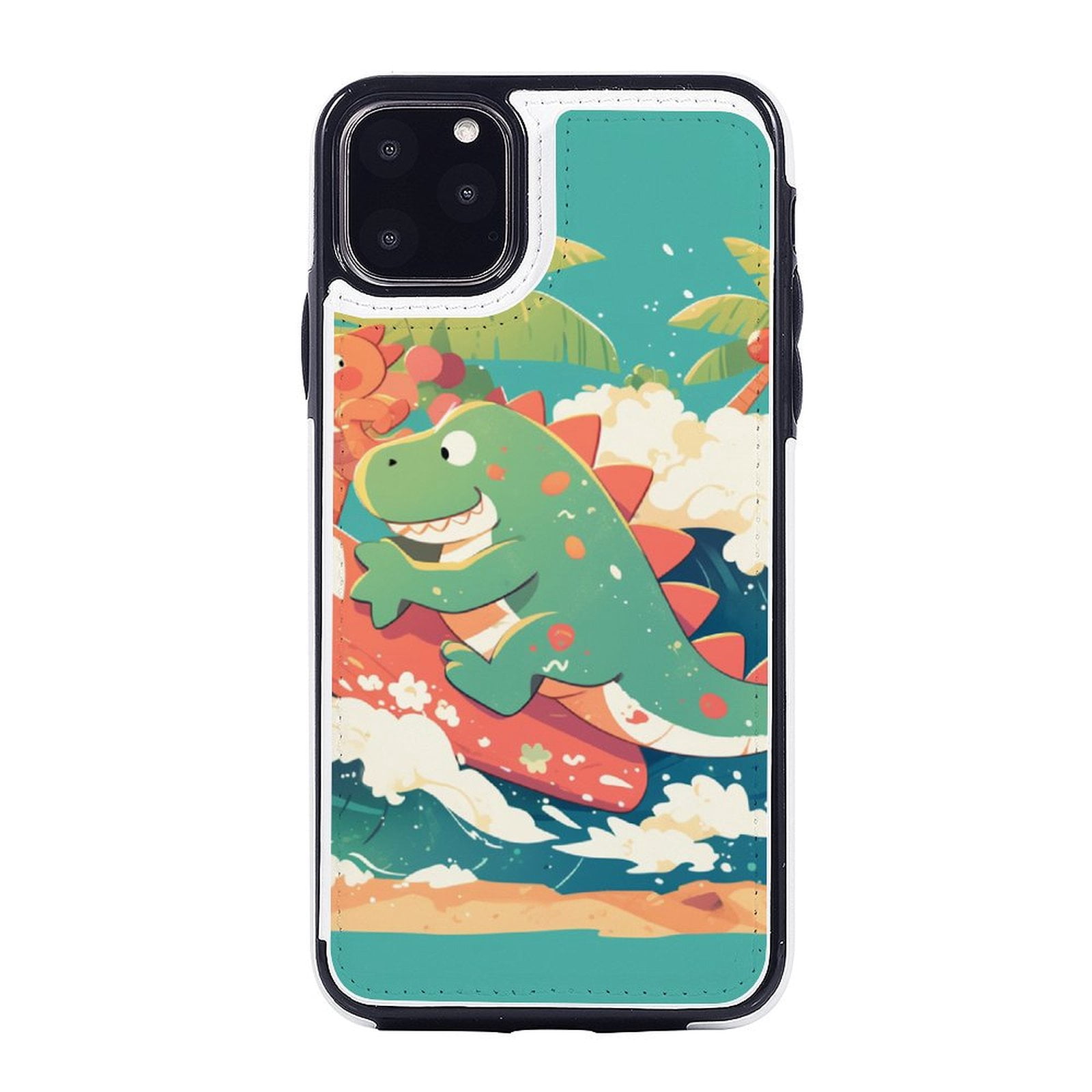 Cartoon Dinosaur Surfing Leather Wallet Case for iPhone 16 15 14 13 12 ...