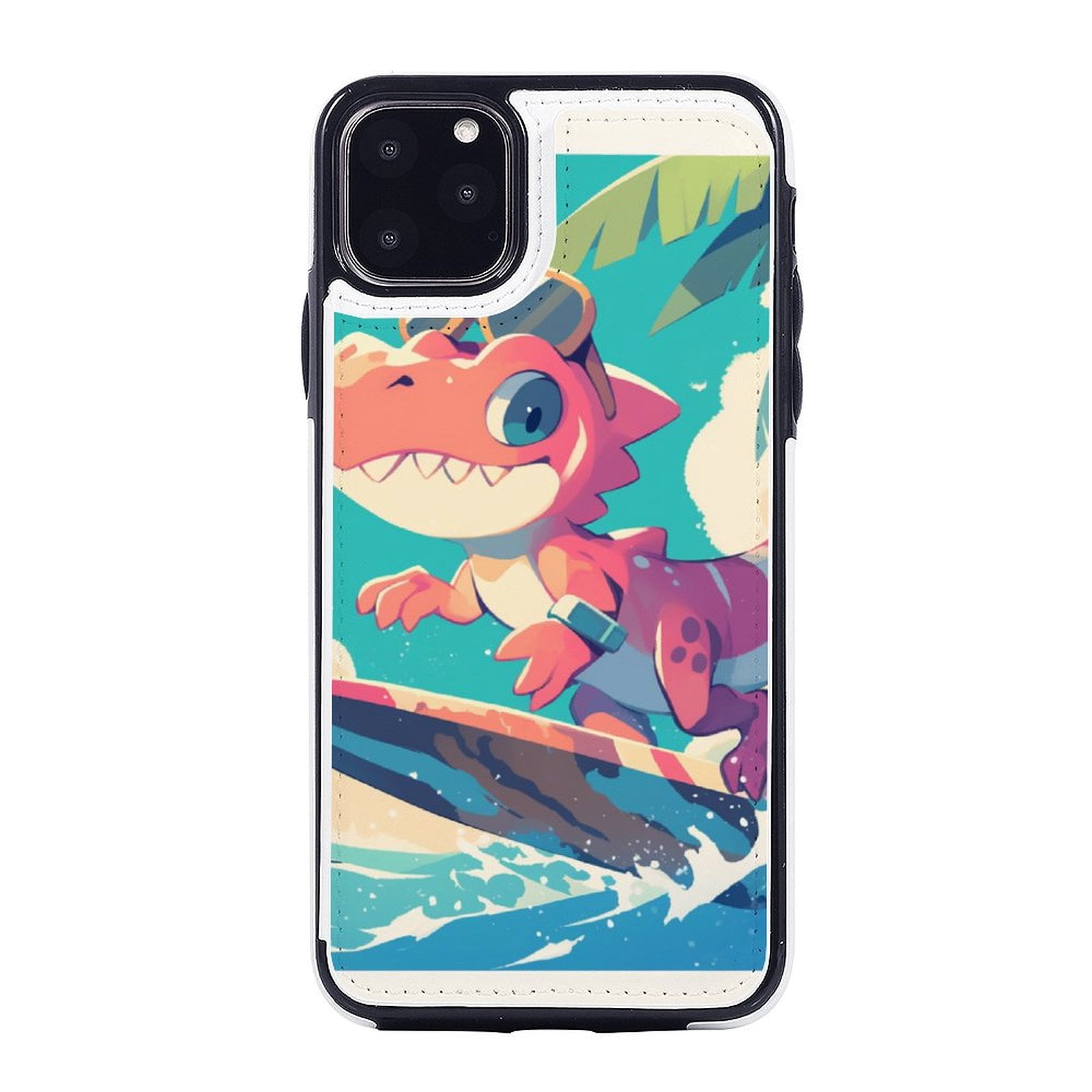 Cartoon Dinosaur Surfing Leather Wallet Case for iPhone 16 15 14 13 12 ...