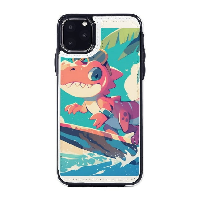 Cartoon Dinosaur Surfing Leather Wallet Case for iPhone 16 15 14 13 12 ...