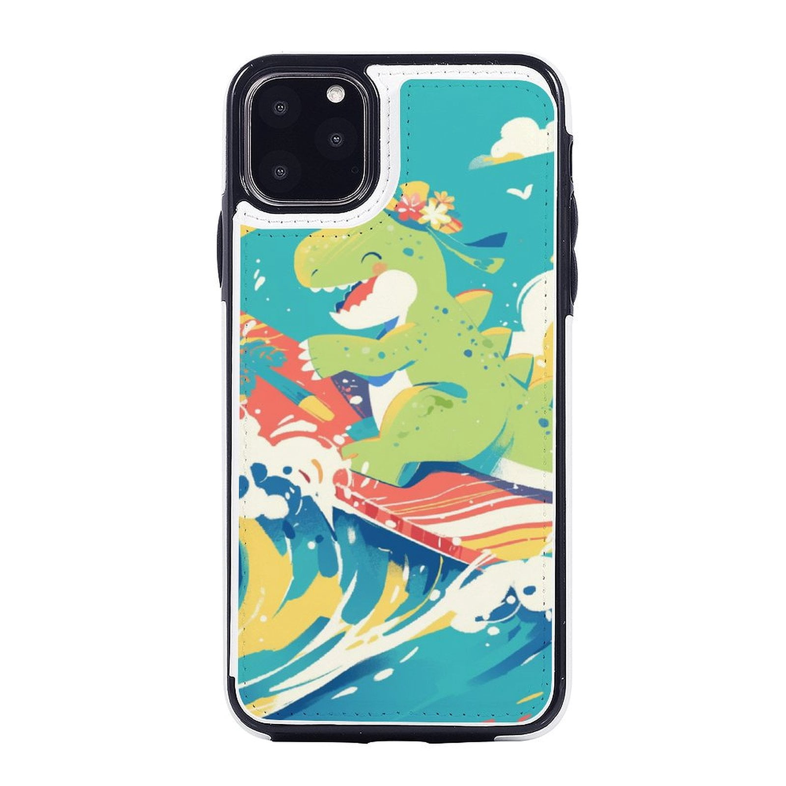 Cartoon Dinosaur Surfing Leather Wallet Case for iPhone 16 15 14 13 12 ...