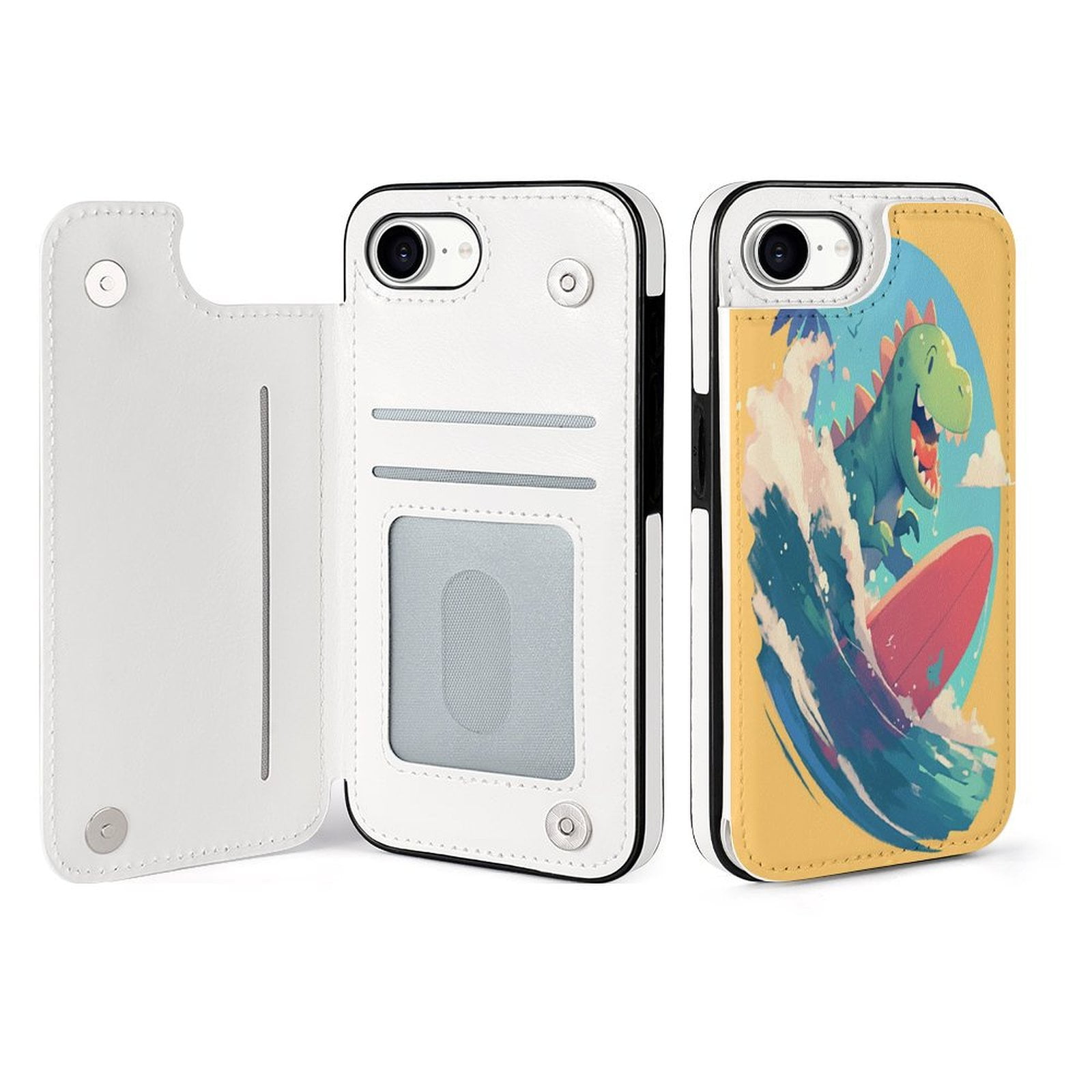 Cartoon Dinosaur Surfing Leather Wallet Case for iPhone 16 Pro Max 16E ...