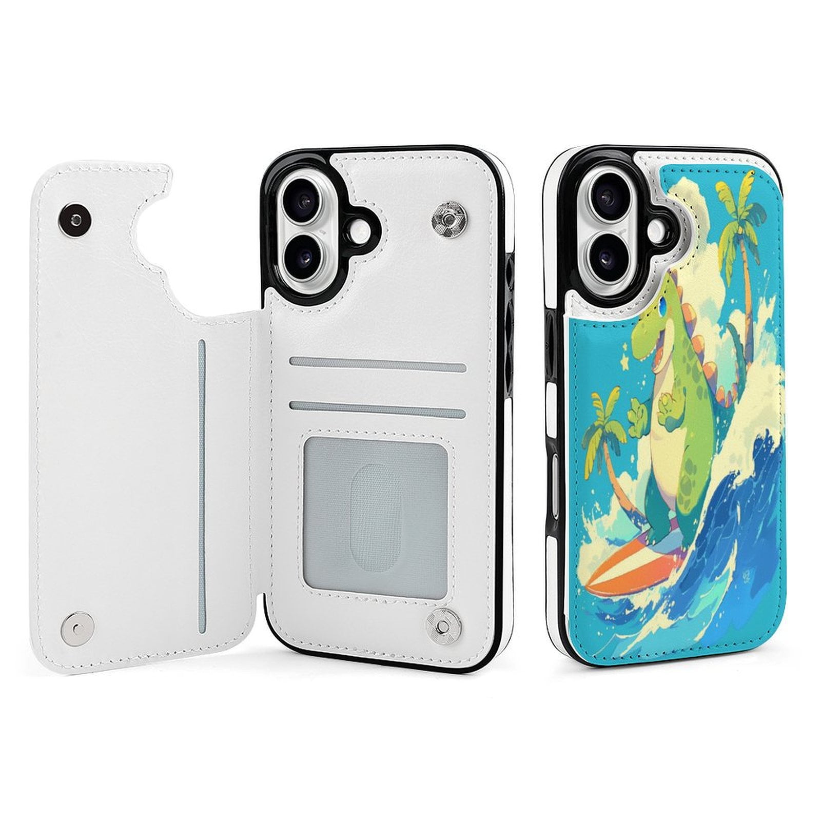 Cartoon Dinosaur Surfing Leather Wallet Case for iPhone 16 Pro Max 16E ...
