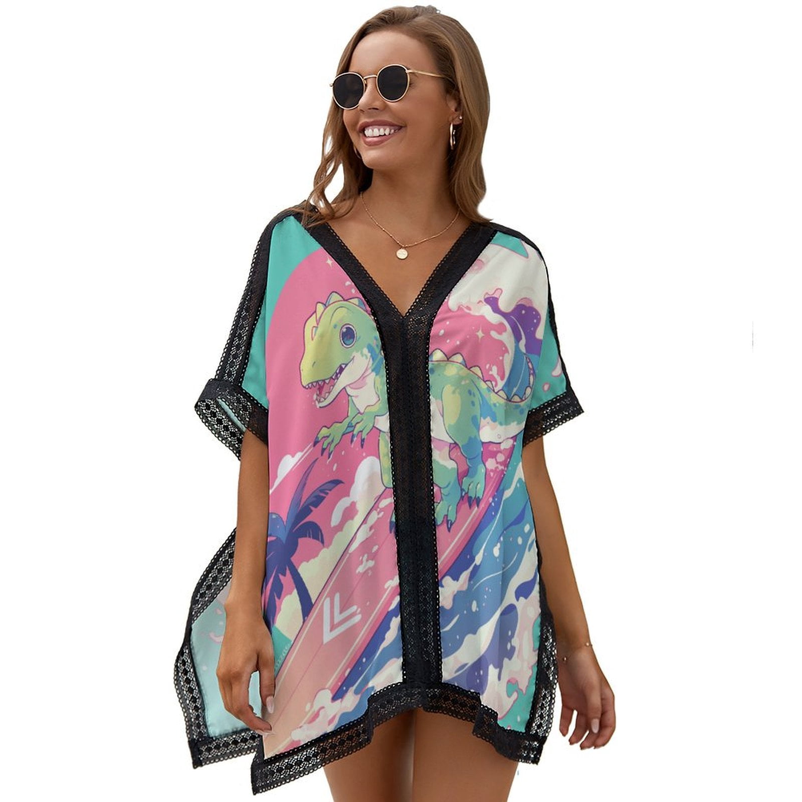 Cartoon Dinosaur Surfing Printed Women's Swimsuit Cover Up Summer ...