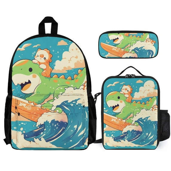 Cartoon Dinosaur Surfing School Backpack Set Lightweight Backpack Book ...
