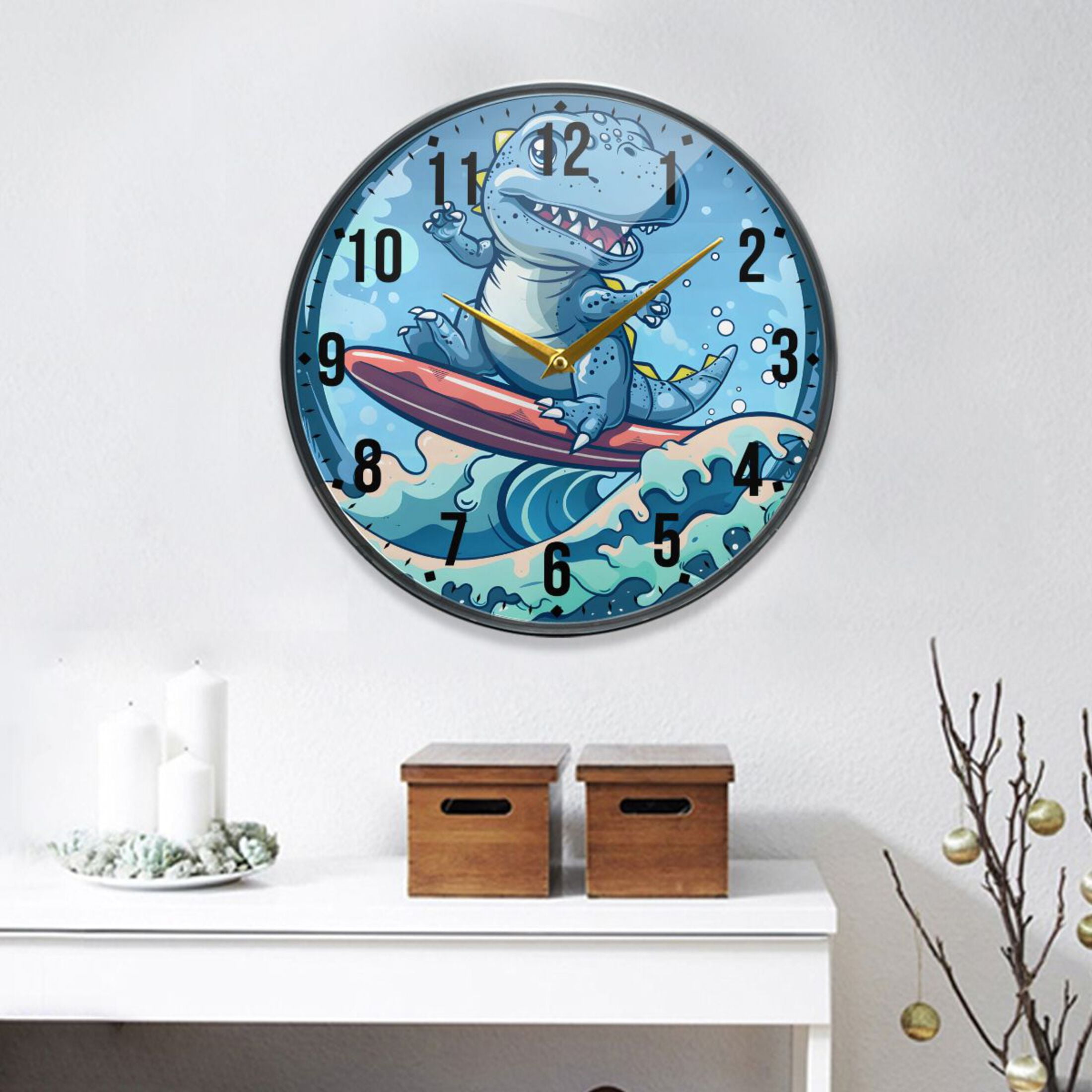 Cartoon Dinosaur Surfing on Sea Round Wall Clock 12 Inch Non-Ticking ...