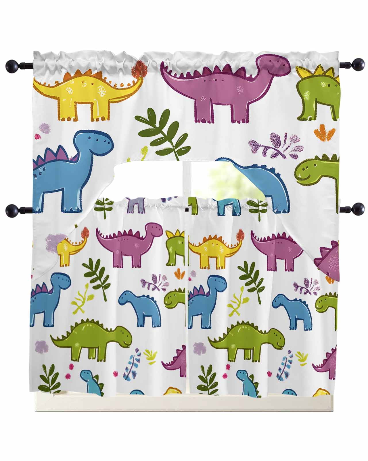 Cartoon Dinosaur Swag Valance and Tier Curtains Set Simple Cute Kitchen ...