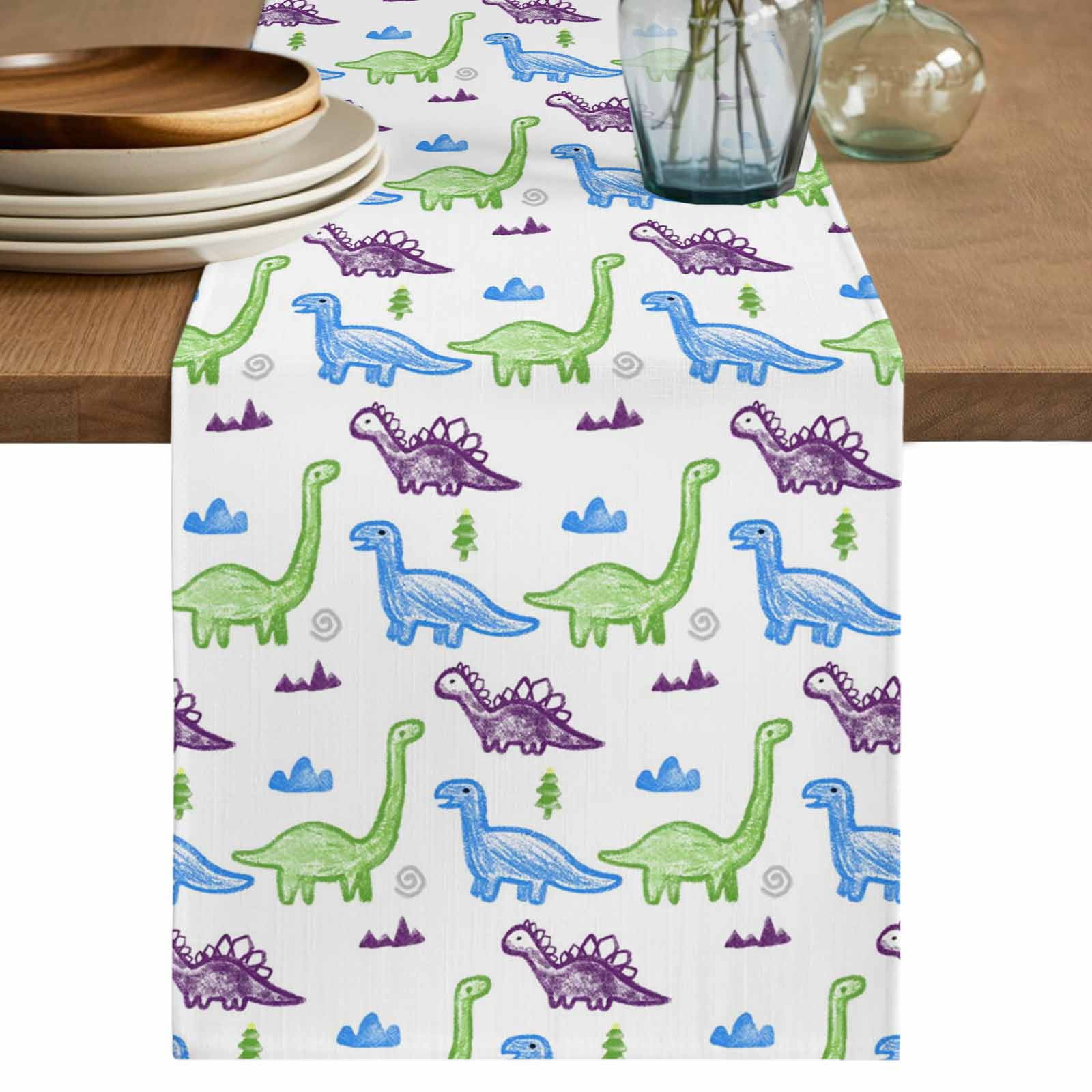 Cartoon Dinosaur Table Runner 120 Inches, Watercolor Funny Cute Green ...