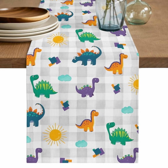 Cartoon Dinosaur Table Runner 48 Inches, Watercolor Funny Cute Dino Sun ...
