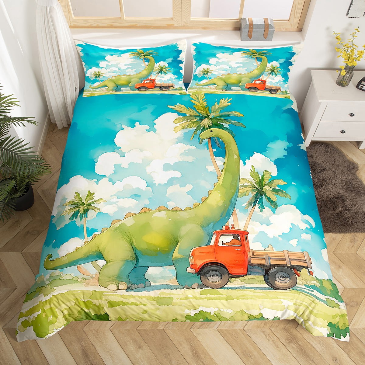 Cartoon Dinosaur Bedding Set,Truck and Dinosaur Kawaii Duvet Cover Room ...