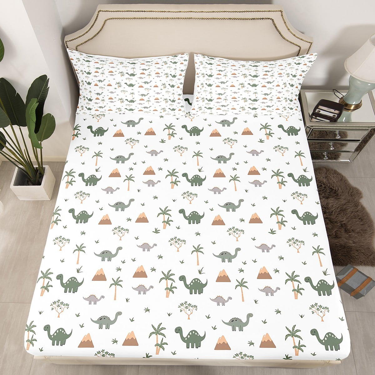 Cartoon Dinosaur Twin Fitted Sheet Natural Coconut Tree Mountain Bed ...