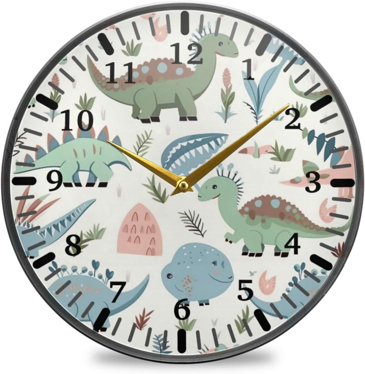 Cartoon Dinosaur Wall Clock Silent Non-Ticking Round 12 Inch Quartz ...