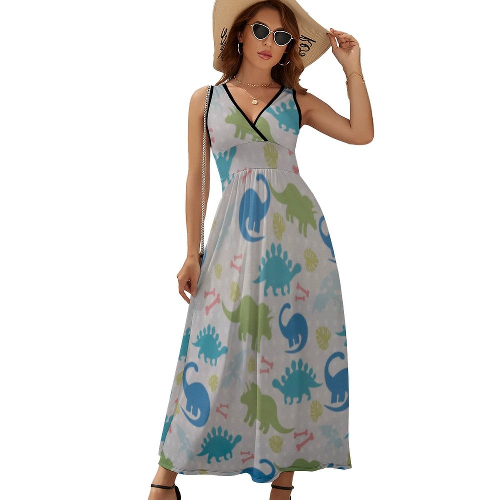 Cartoon Dinosaur Womens Night Club Maxi Dress V Neck Sleeveless Bohemia ...