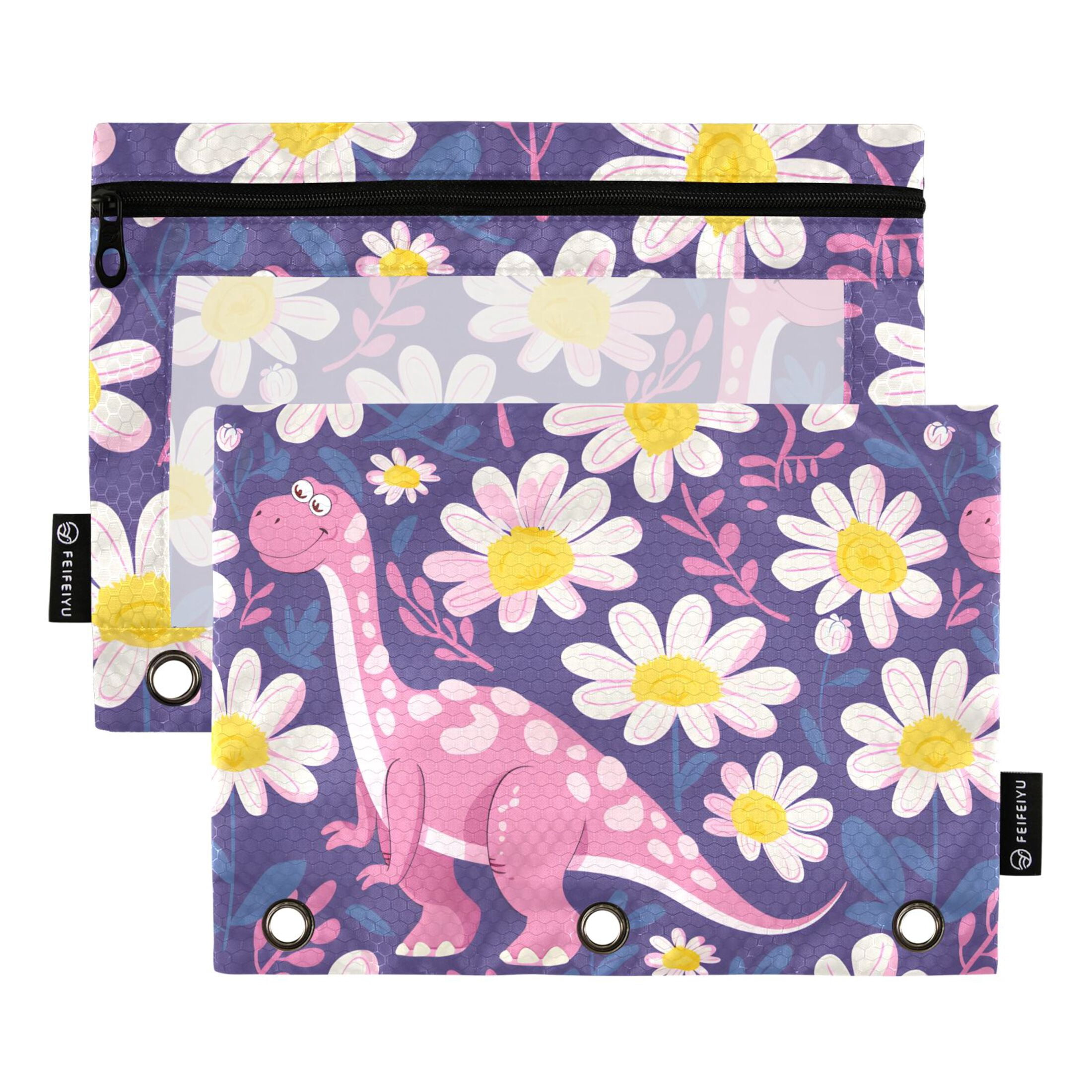 Cartoon Dinosaur and Daisy Petals 2 Pack Pencil Pouch for 3 Ring Binder ...