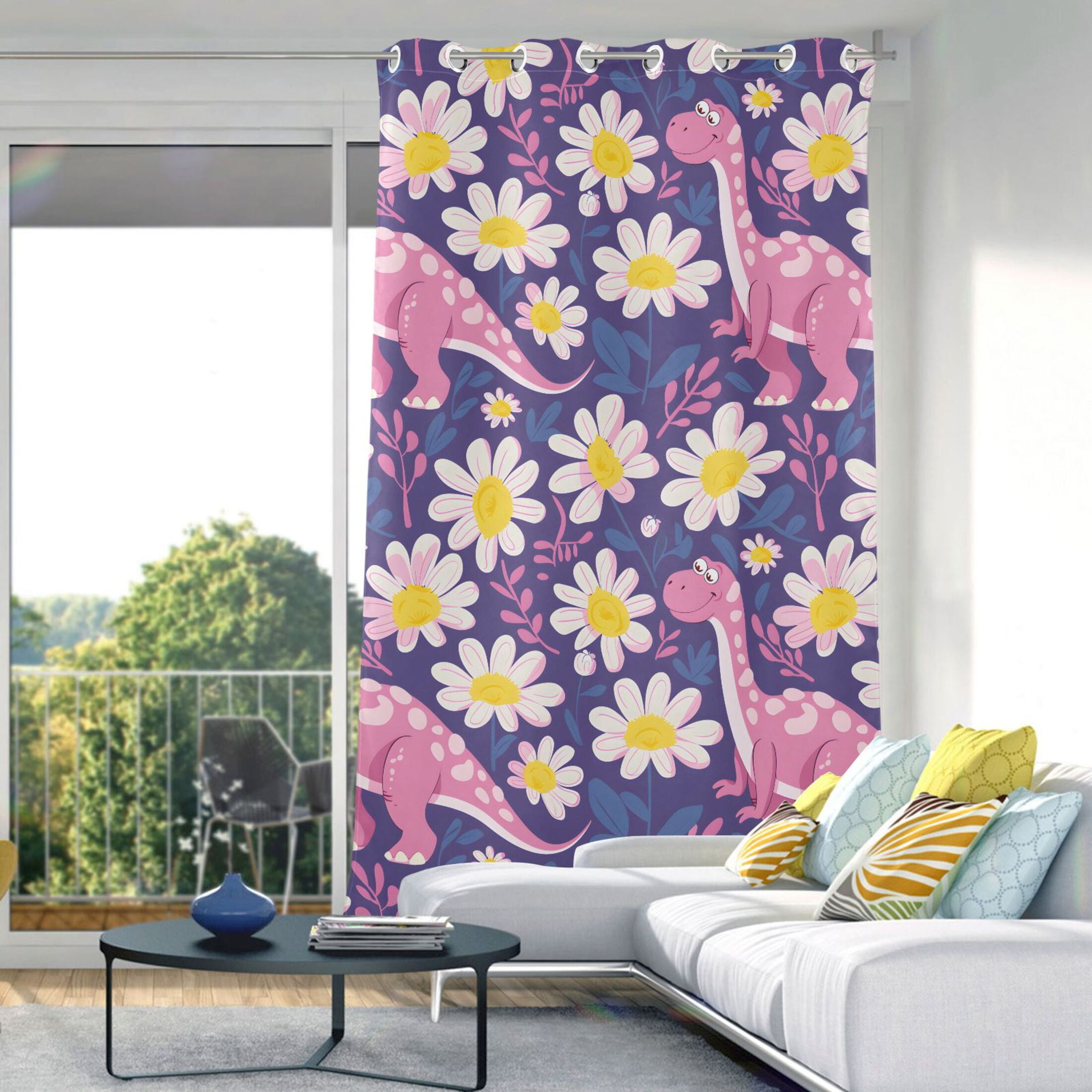 Cartoon Dinosaur and Daisy Petals Blackout Curtains W82 x L52 1 Panel Window Curtain for Bedroom ...