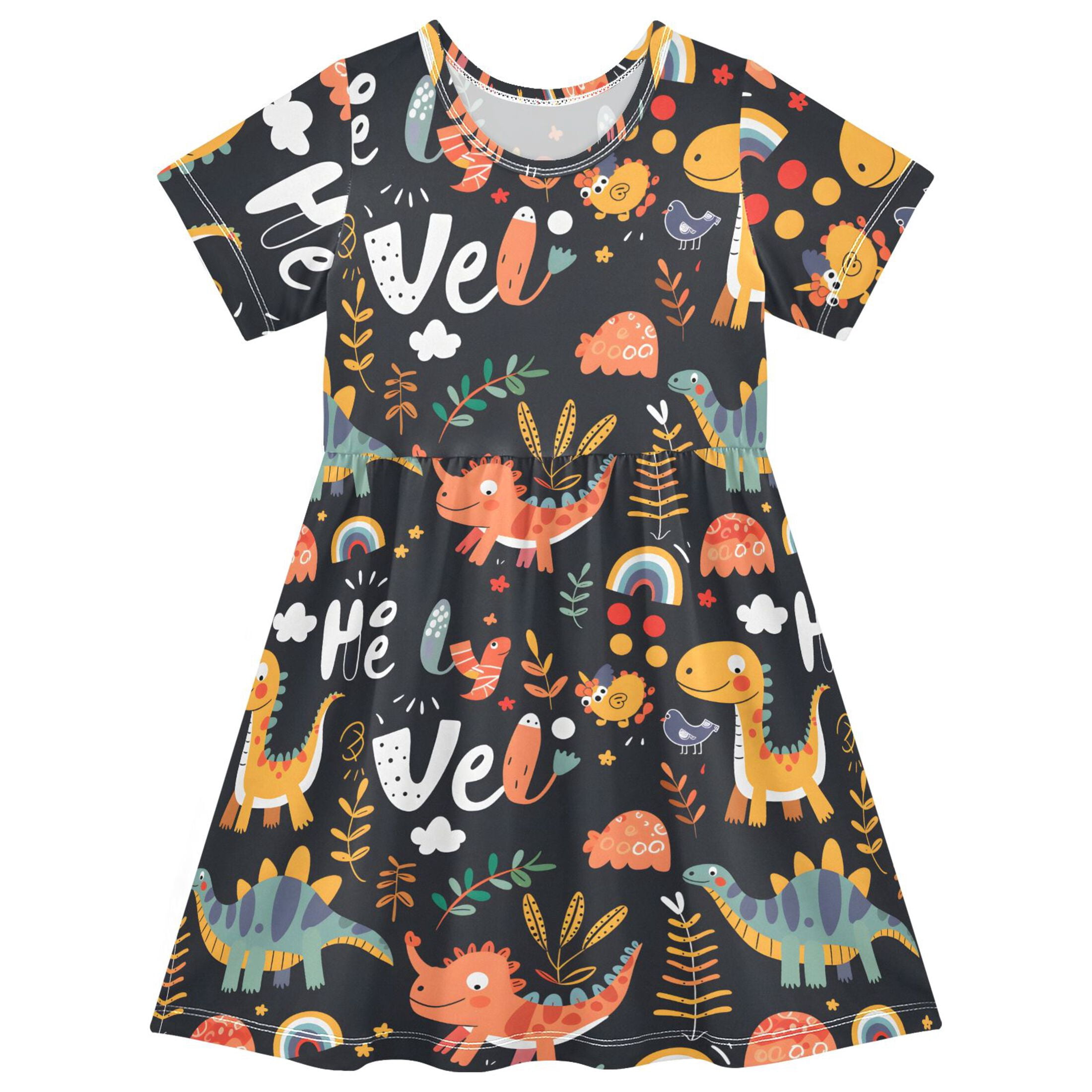 Cartoon Dinosaur and Grass Short Sleeve Dress A-Line Cute Midi Casual ...
