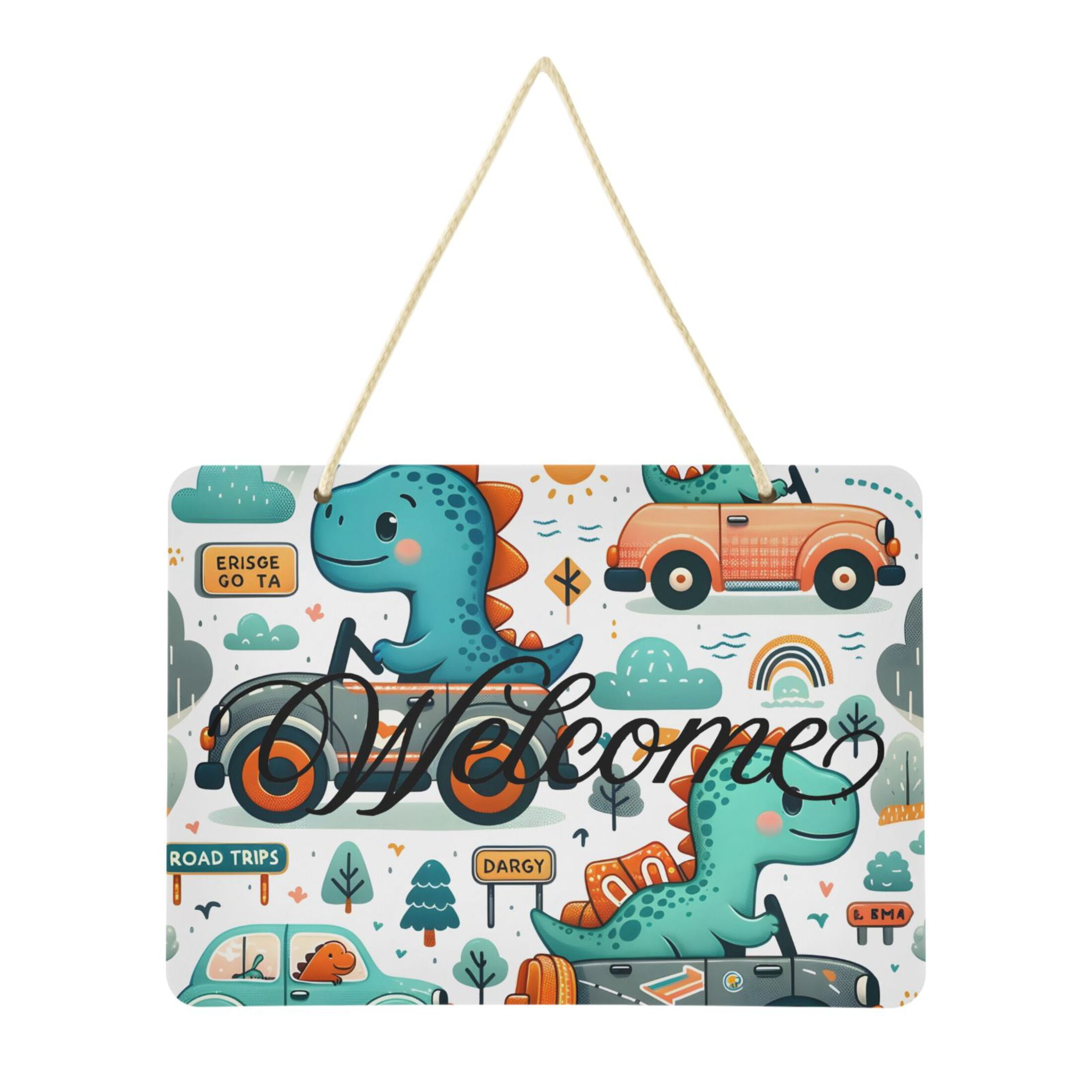 Cartoon Dinosaur in Car Welcome Sign Front Door PVC 14x10 inch Hanger ...