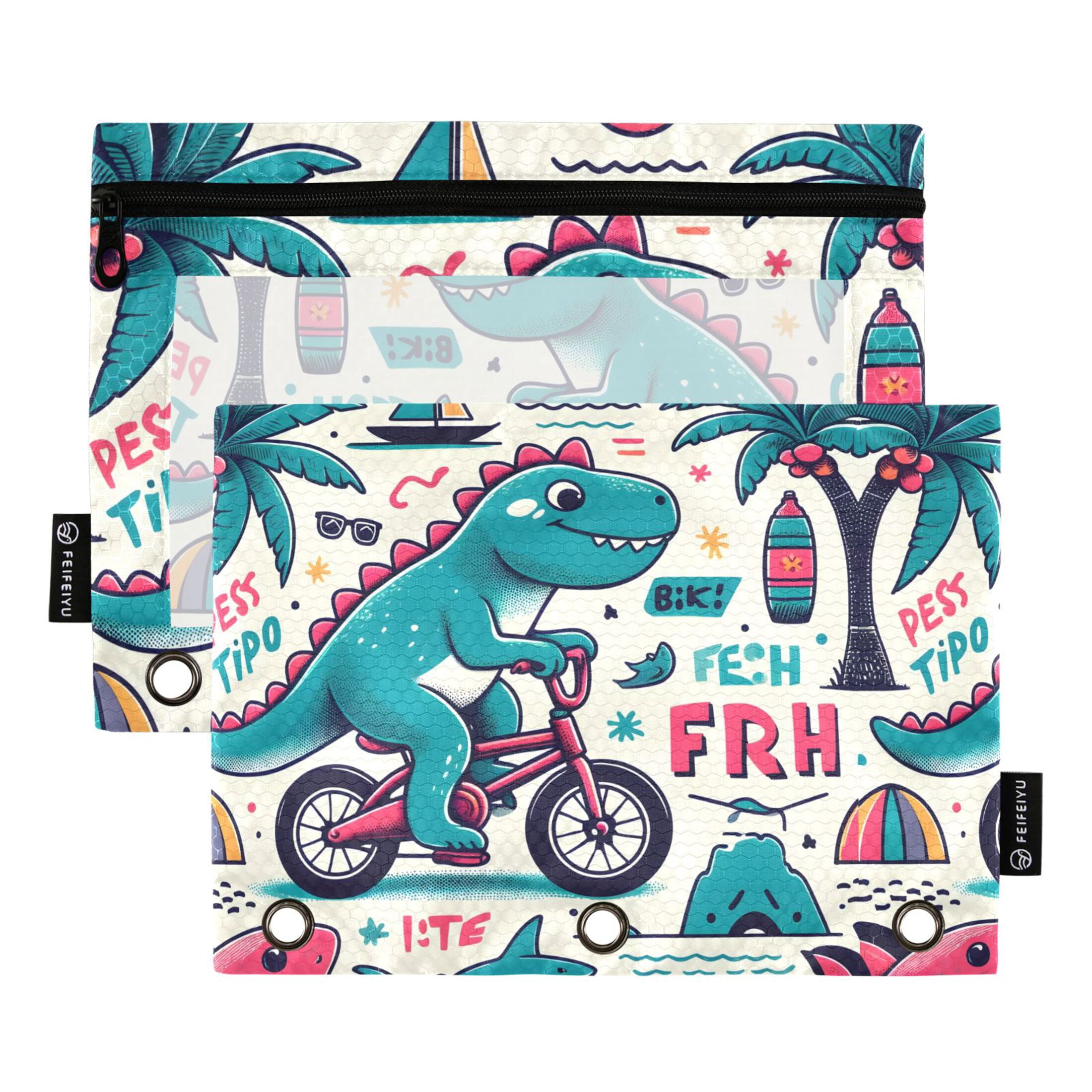 Cartoon Dinosaur with Bike 2 Pack Pencil Pouch for 3 Ring Binder Smooth ...