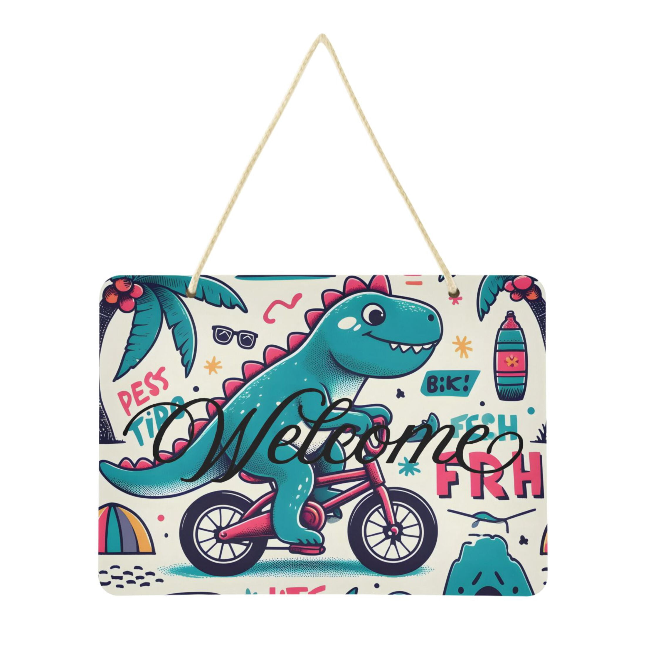 Cartoon Dinosaur with Bike Welcome Sign Front Door PVC 14x10 inch ...