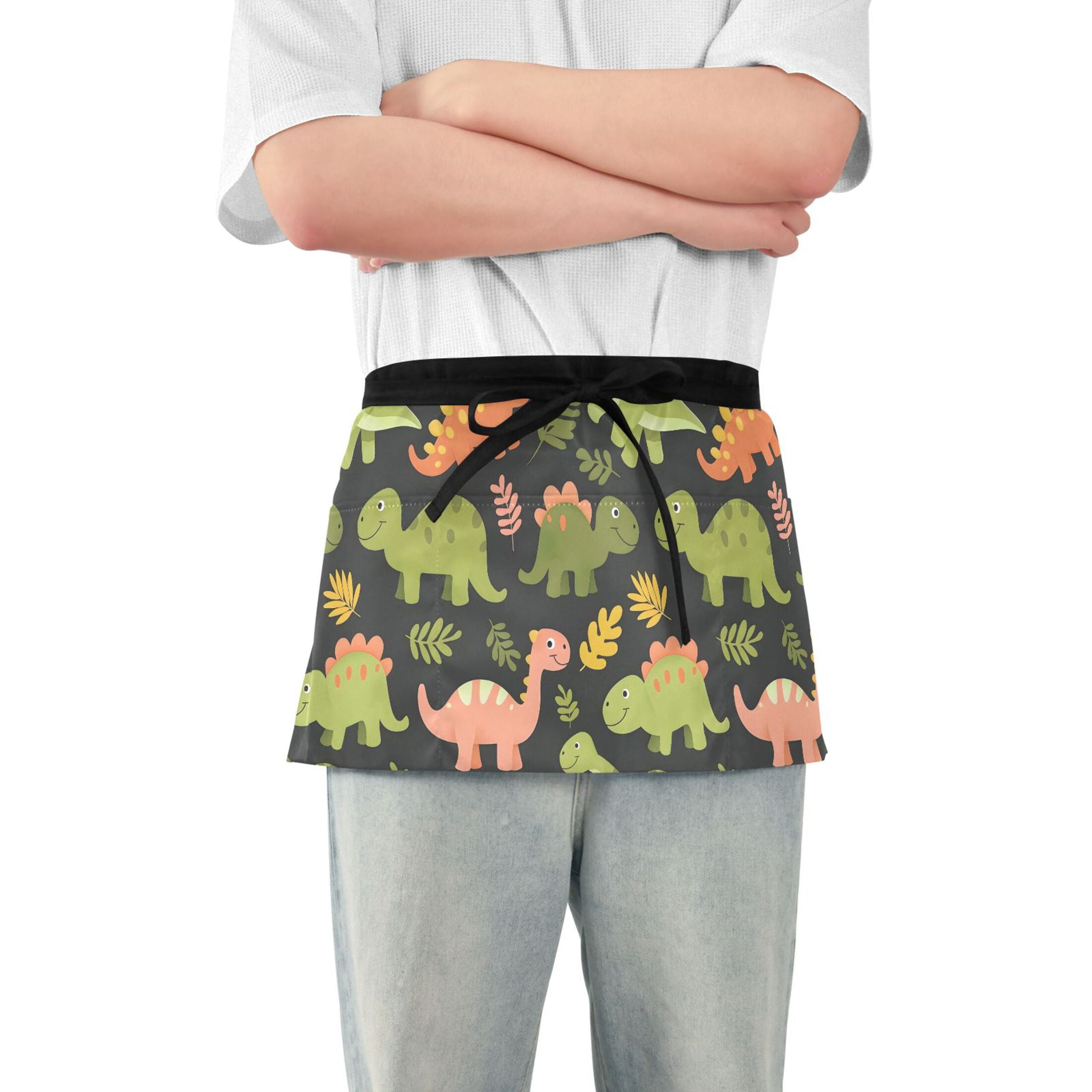 Cartoon Dinosaur with Leaf Server Apron with 3 Pockets Waterproof Waitress Waist Short Apron for ...