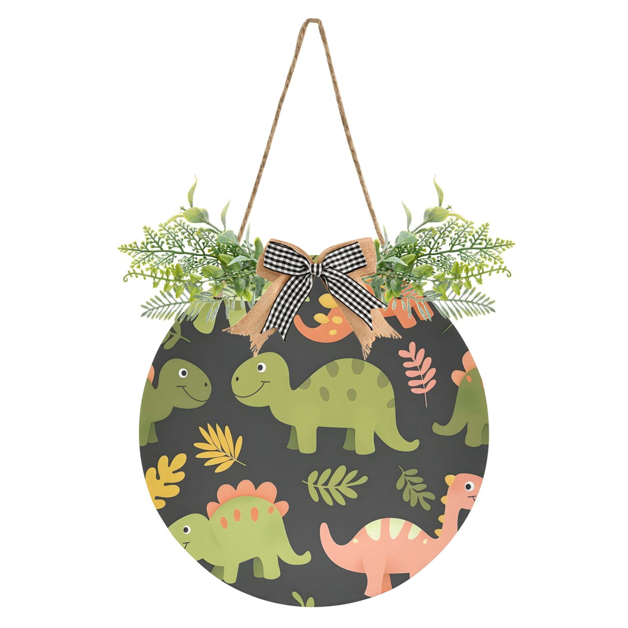 Cartoon Dinosaur with Leaf Welcome Front Door Sign Round 12 inch Porch ...