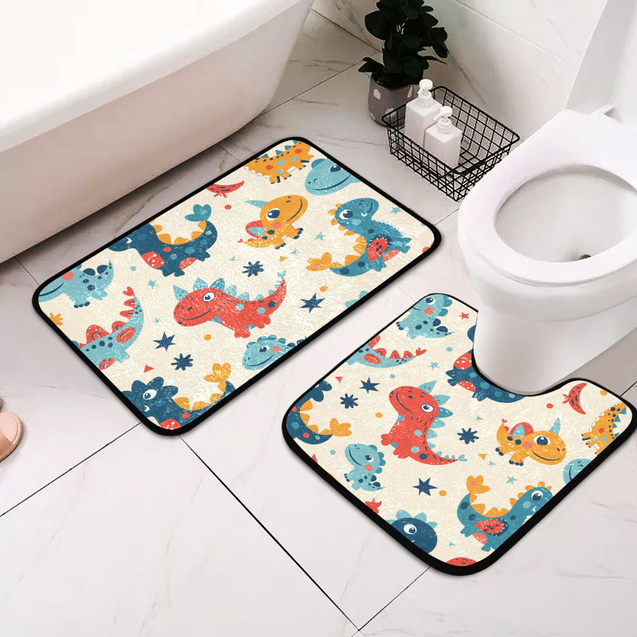 Cartoon Dinosaurs 2 Pcs Bathroom Rugs set Non-Slip Absorbent Bath Mat ...