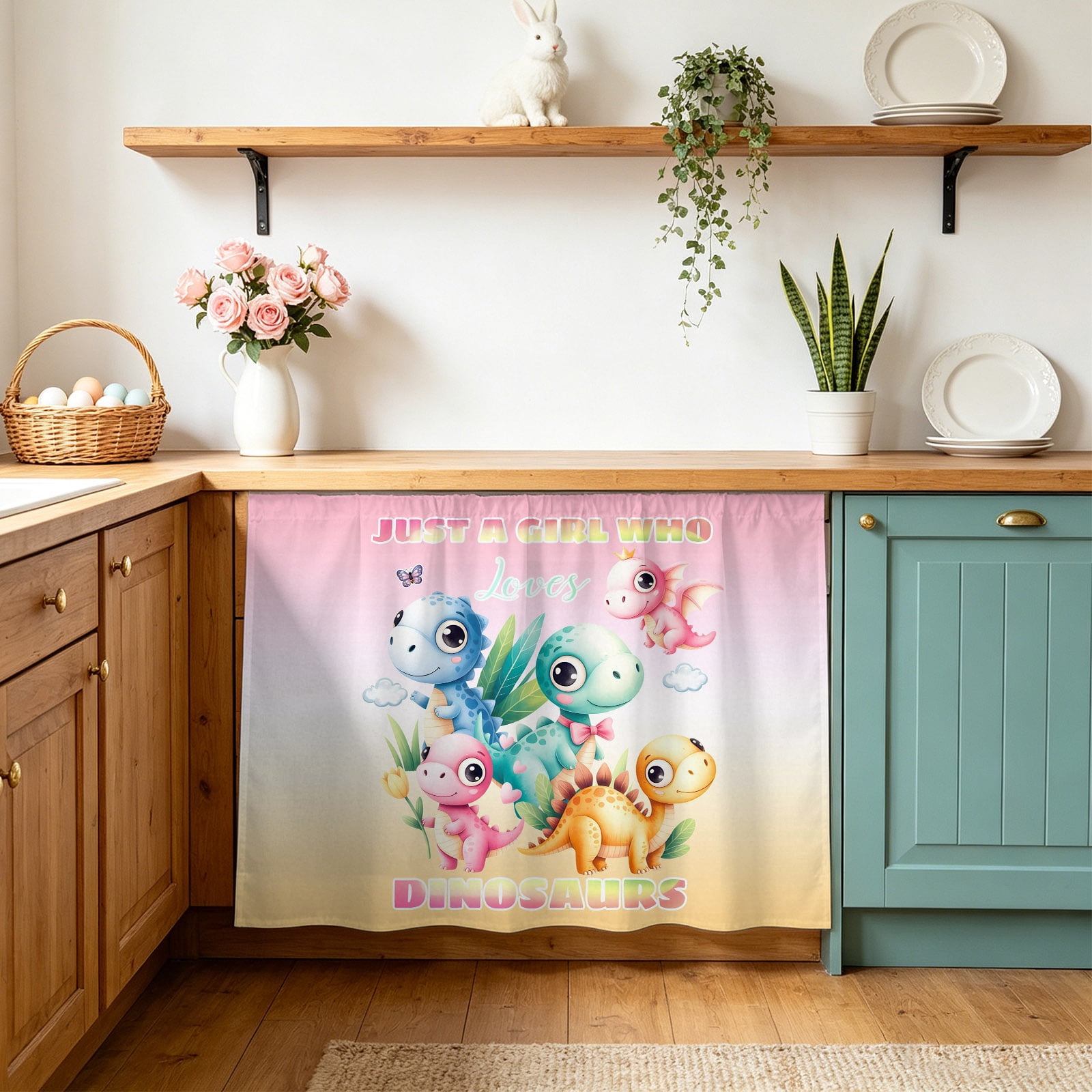 Cartoon Dinosaurs Cabinet Curtains 10" W x 11" L Just A Boy Who Loves ...
