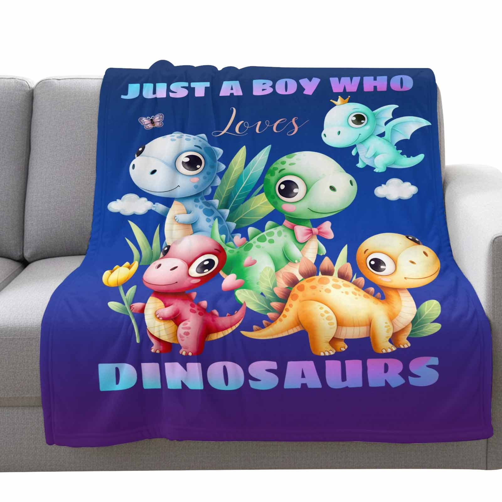 Cartoon Dinosaurs Fleece Throw Blanket Lightweight Just A Boy Who Loves ...