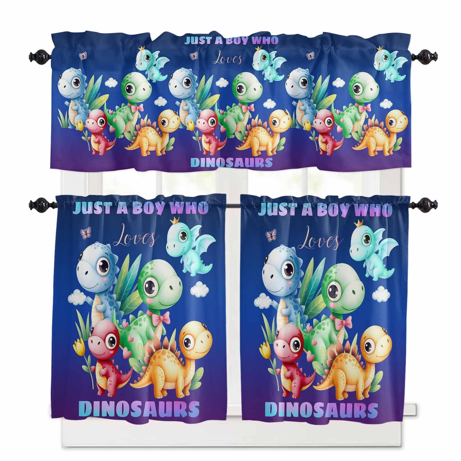 Cartoon Dinosaurs Kitchen Curtains Valance and Tier Set Just A Boy Who ...